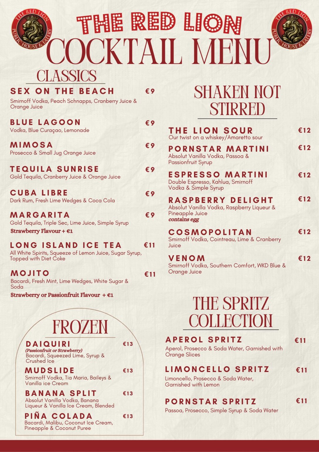 Menus – The Red Lion