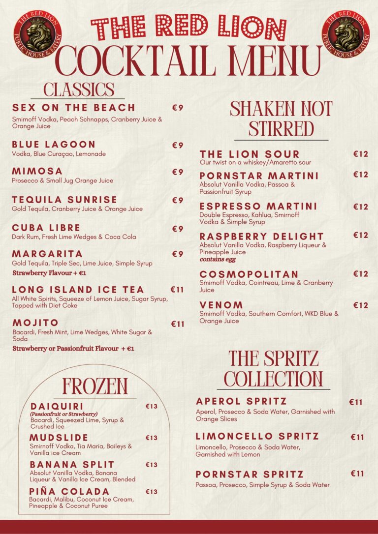 Menus – The Red Lion
