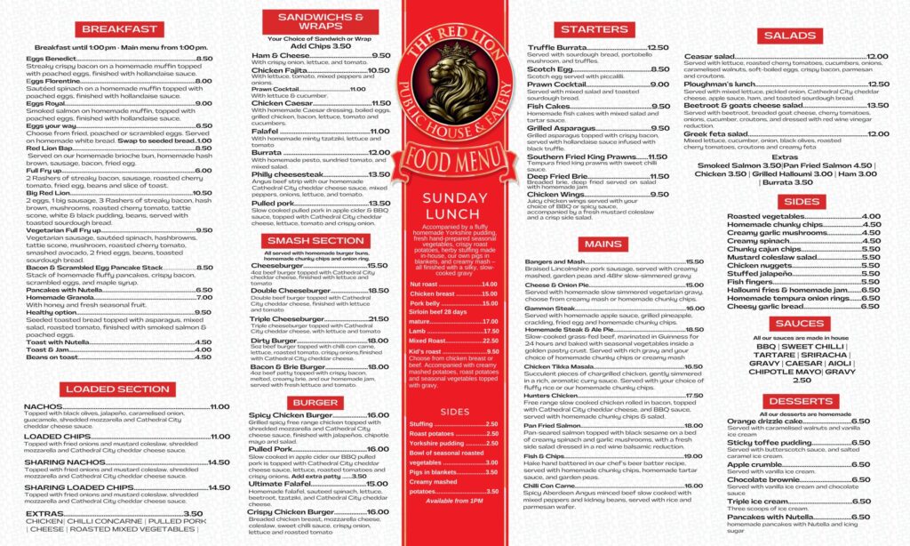 Menus – The Red Lion